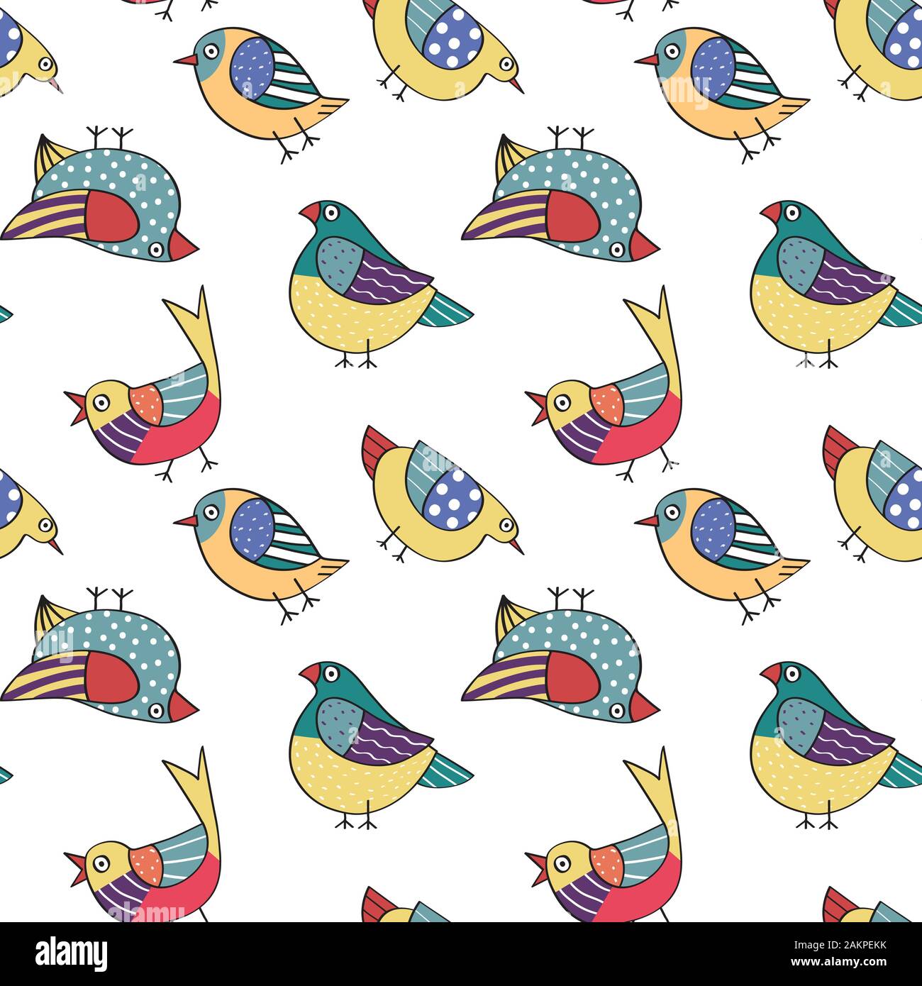 Seamless pattern with hand drawn birds in the white backdrop. pattern ...