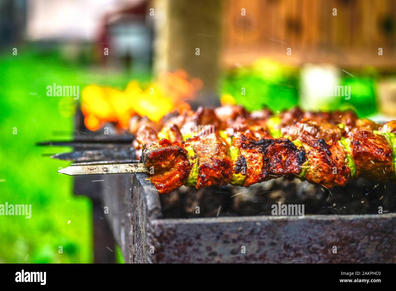 Barbecue on a spit is prepared on an open fire on the background of a ...