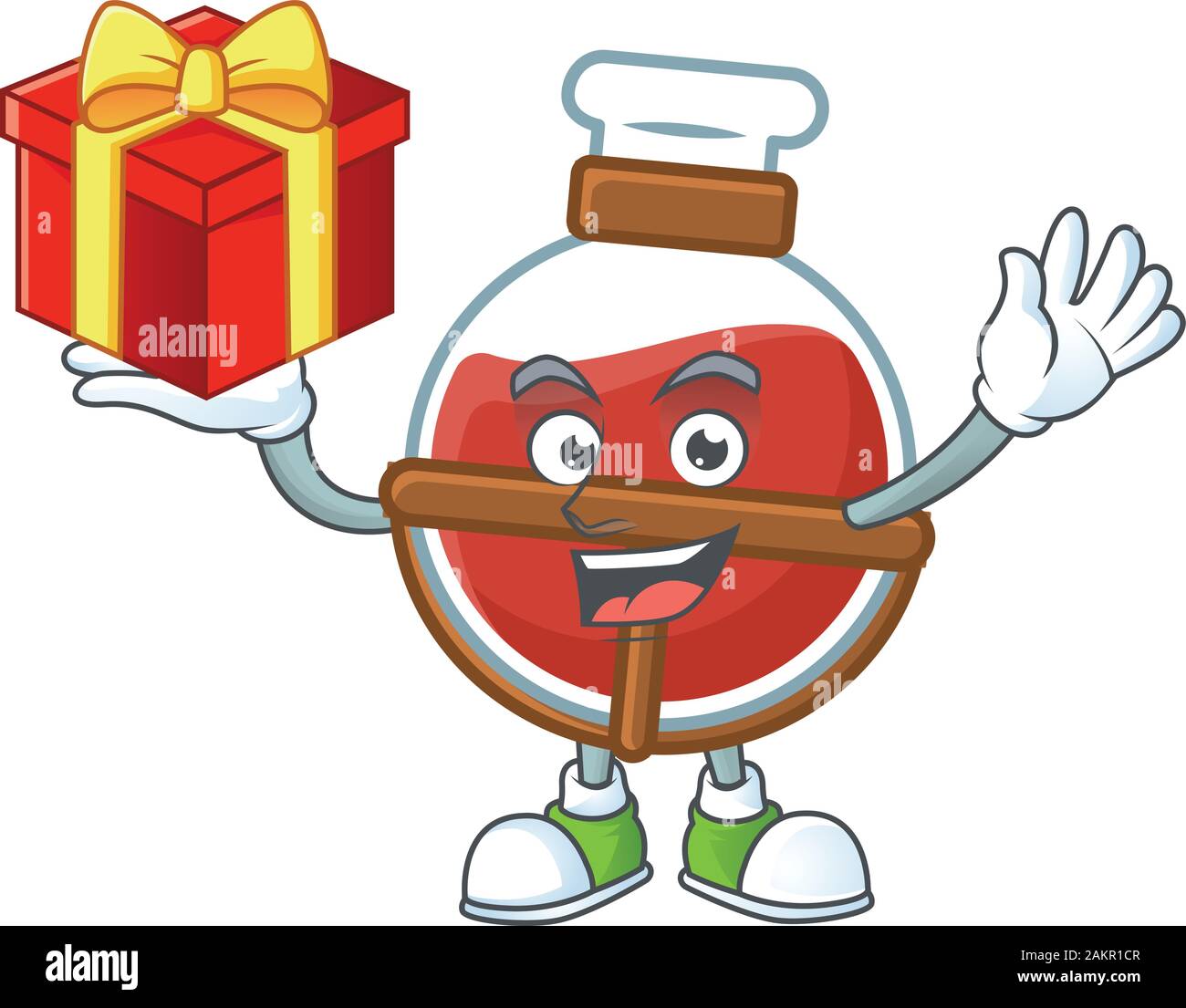 Happy face red potion cartoon character having a box of gift Stock ...