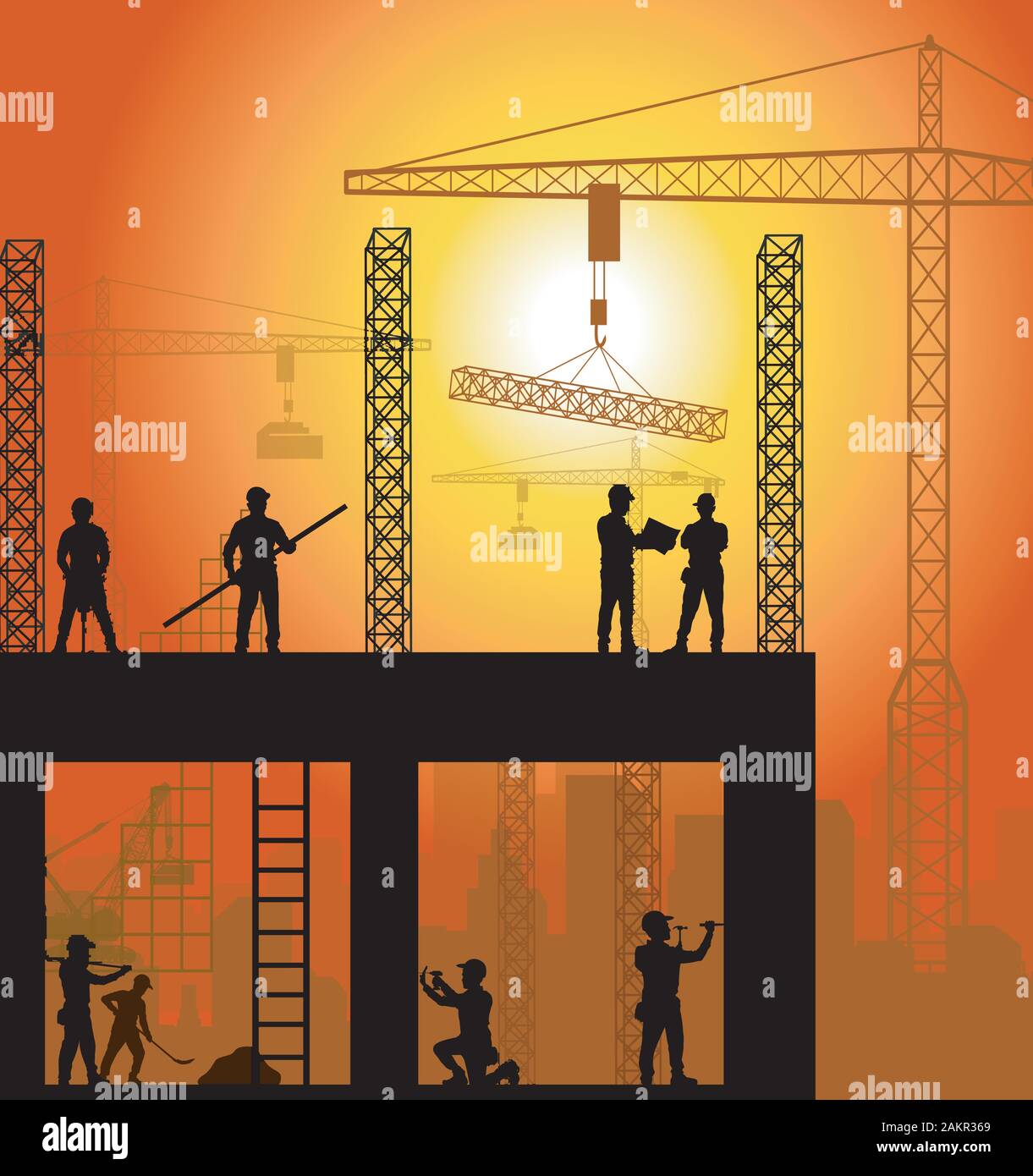 Construction worker silhouette at work background. vector Stock Vector ...