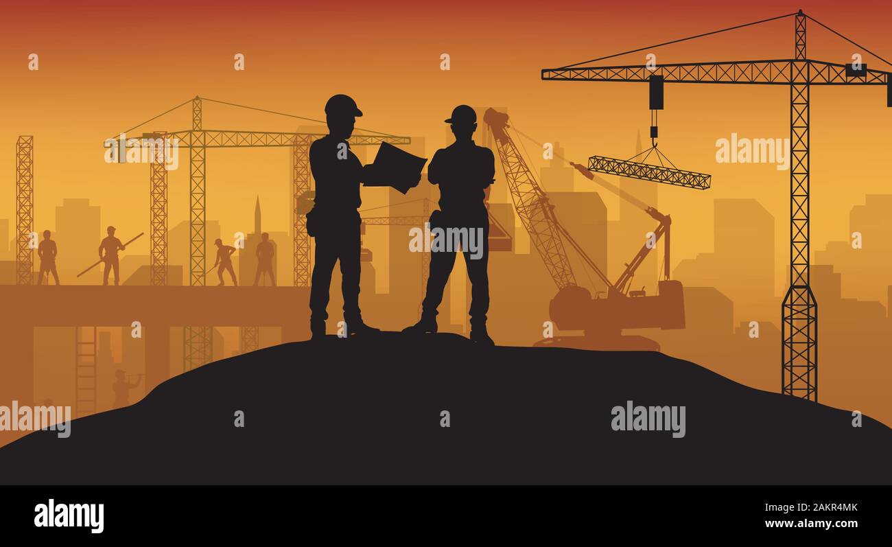 Construction worker at work with worker standing. Vector Stock Vector ...