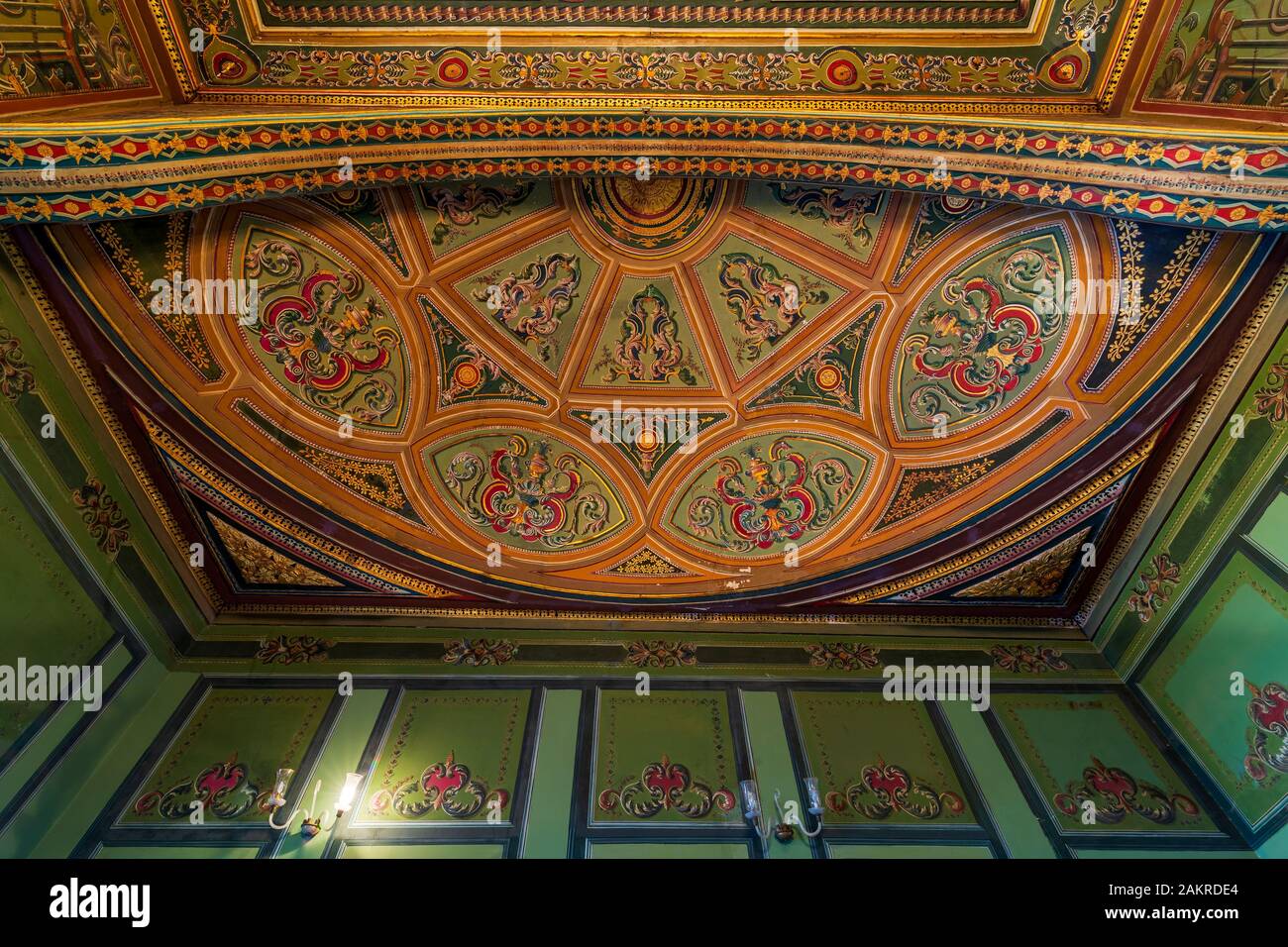 Ceiling at royal era historic Manasterly Palace decorated with colorful ...