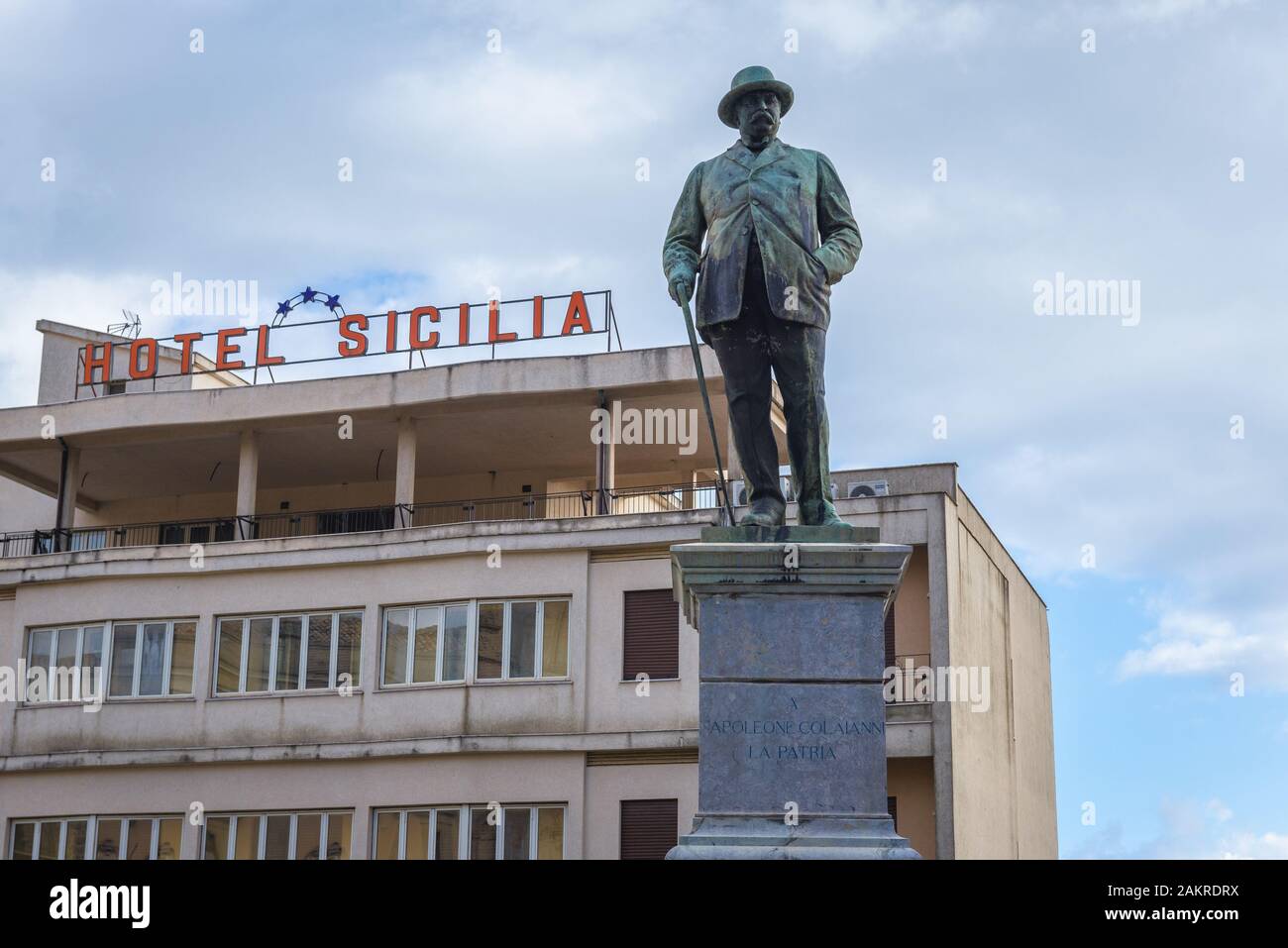 Statue of Napoleone Colajanni and Sicilia Hotel in Enna city and comune ...