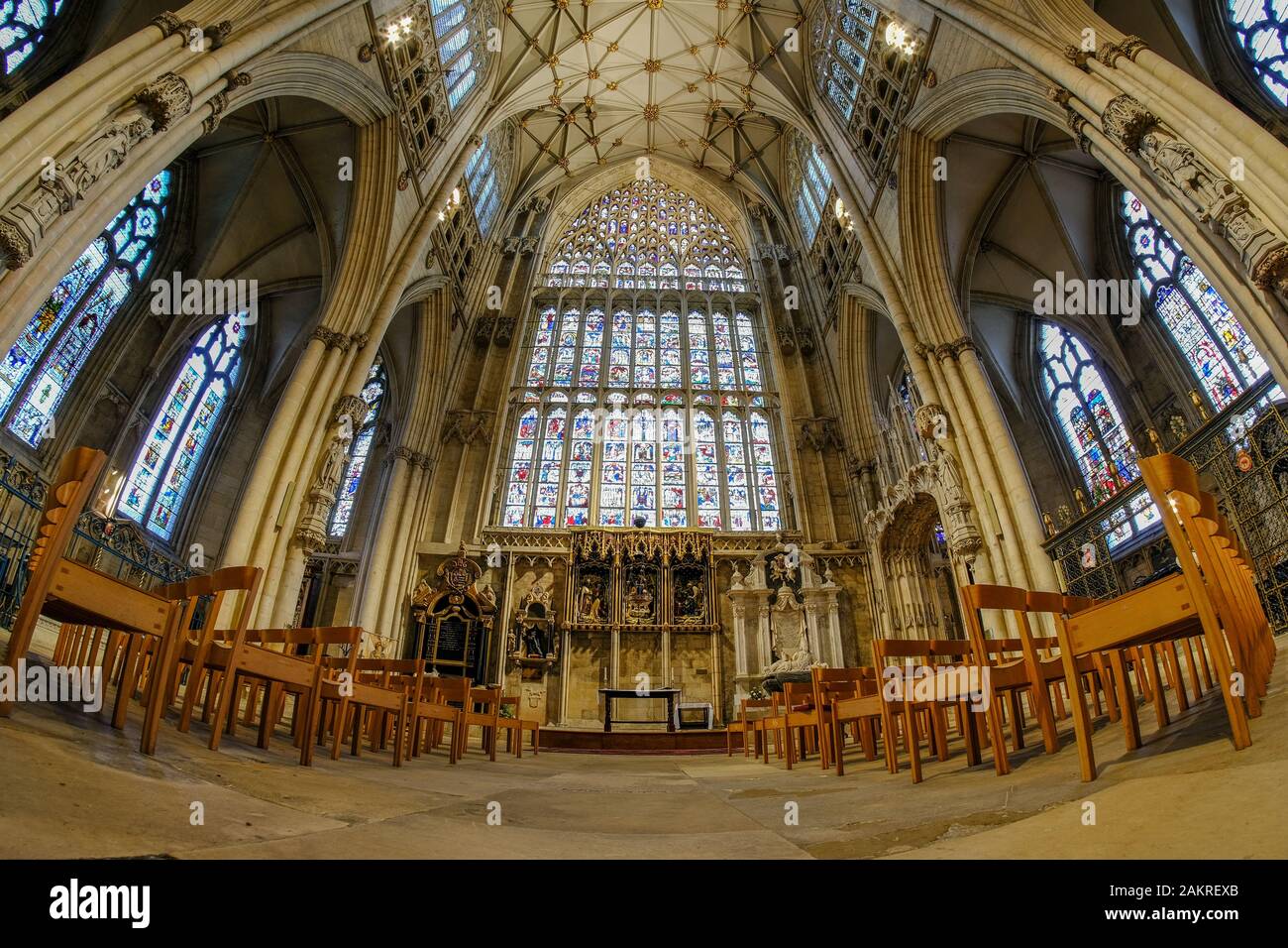 The East End interior of York Mionster featuring the Great East Window ...