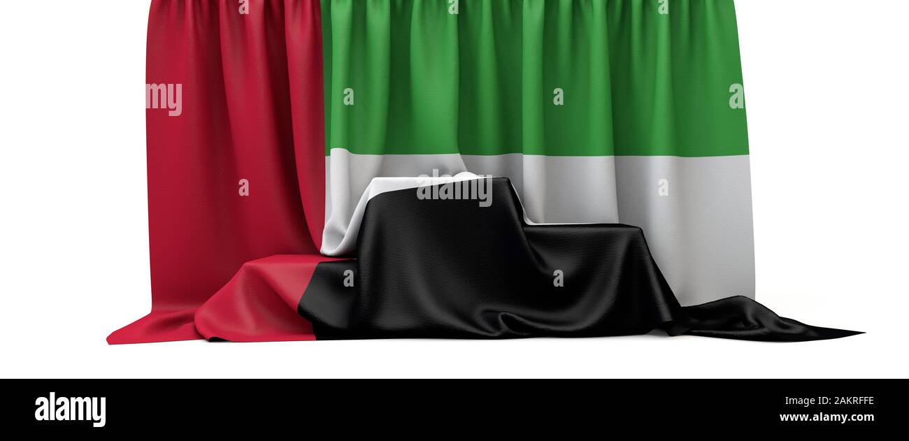 UAE flag draped over a competition winners podium. 3D Render Stock ...