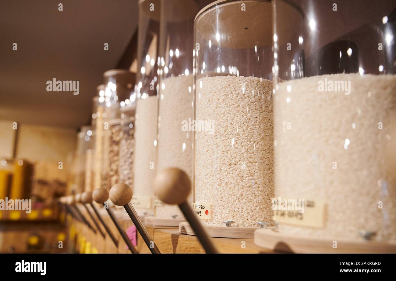 Berlin, Germany. 07th Jan, 2020. Containers with dry food such as rice ...
