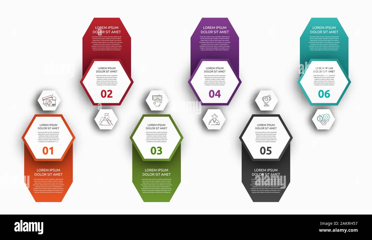Vector infographic with 6 hexagons with labels. Used for six diagrams ...