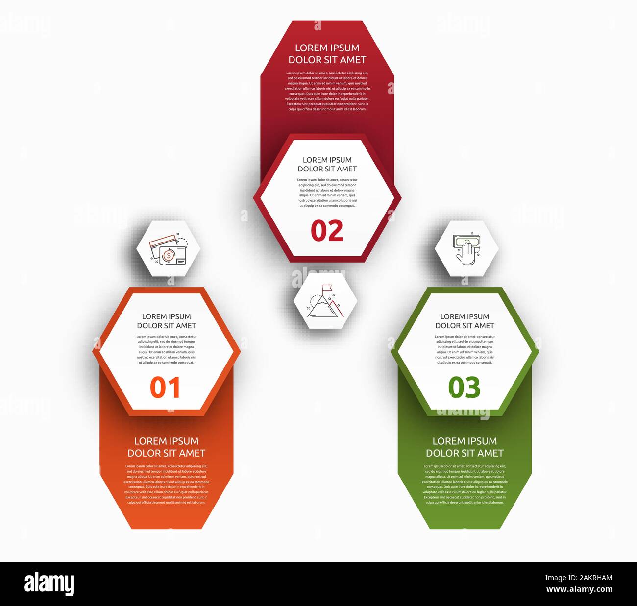 Vector infographic with 3 hexagons with labels. Used for three diagrams ...