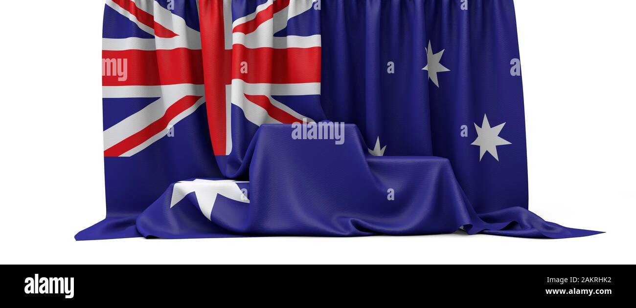Australia flag draped over a competition winners podium. 3D Render ...