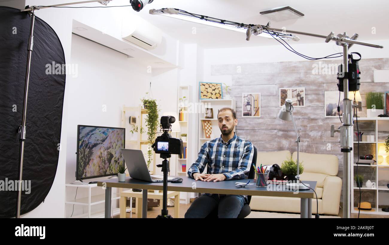 Behind the scenes of young vlogger using modern technology to record ...
