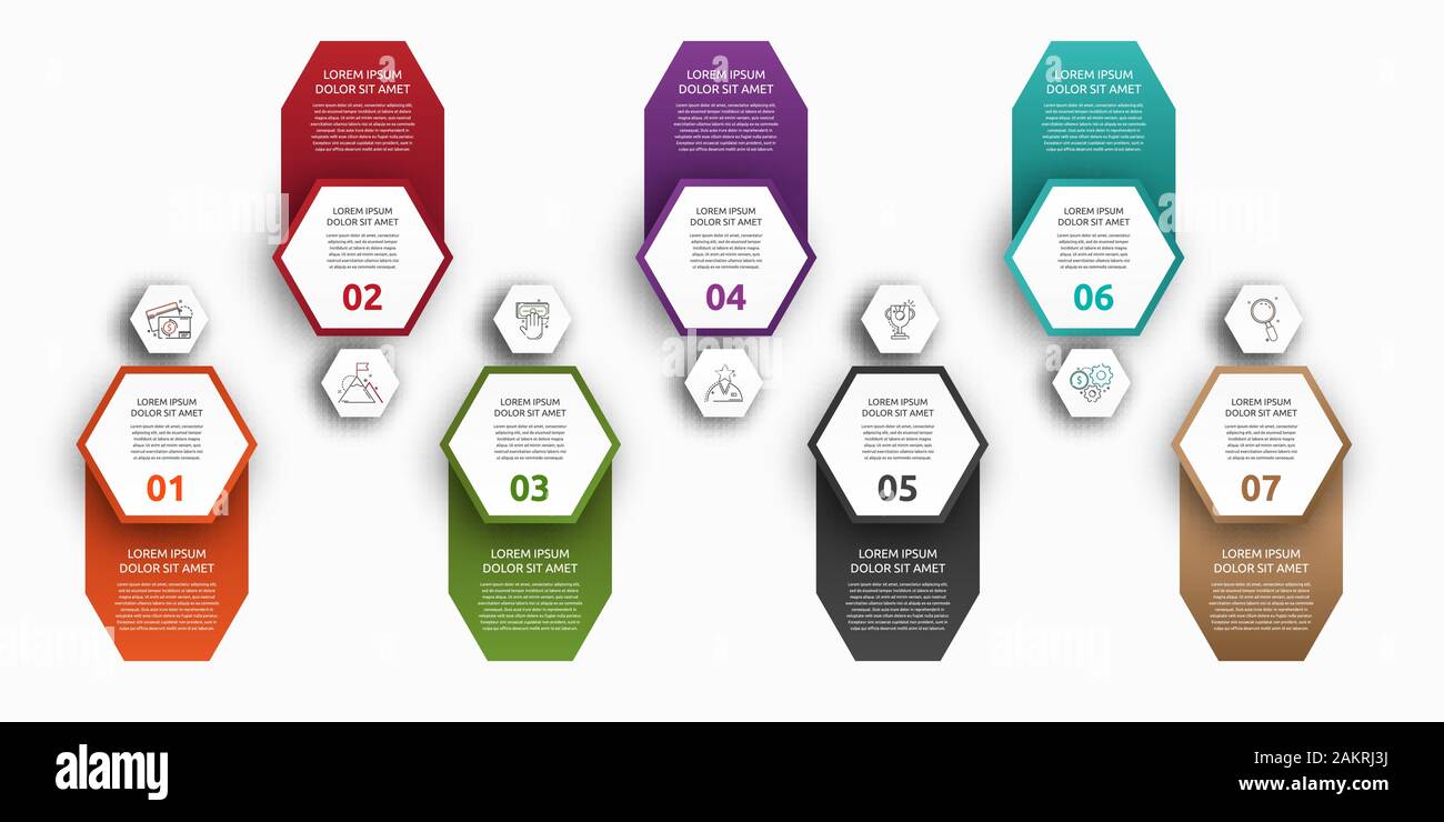Vector infographic with 7 hexagons with labels. Used for six diagrams ...