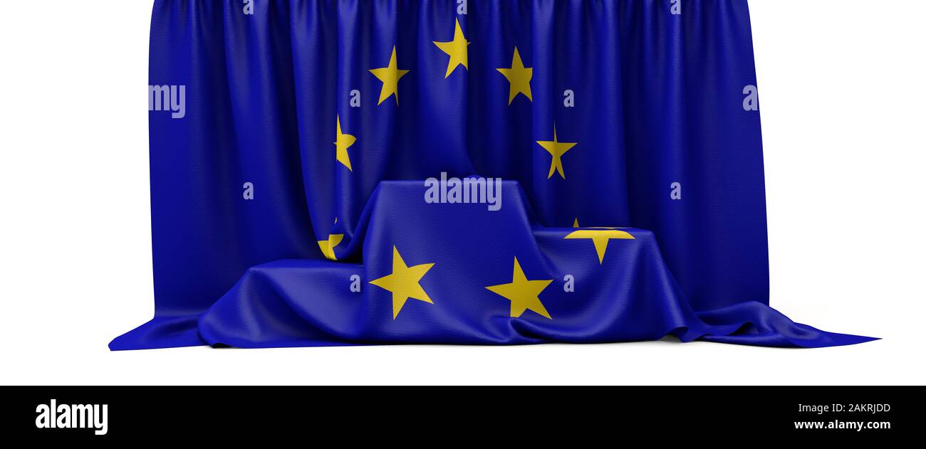 European Union flag draped over a competition winners podium. 3D Render ...