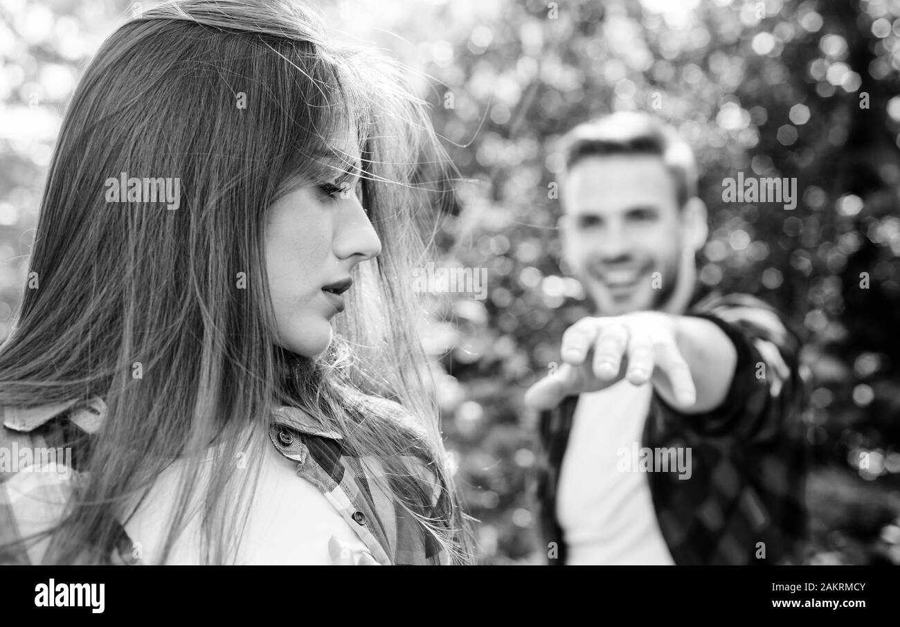 come with me. first meet of couple outdoor. Relationship. couple in ...