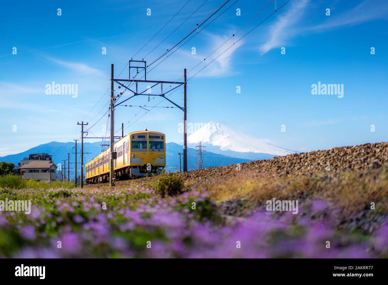 A local train of JR Izuhakone Tetsudo-Sunzu Line traveling through the ...