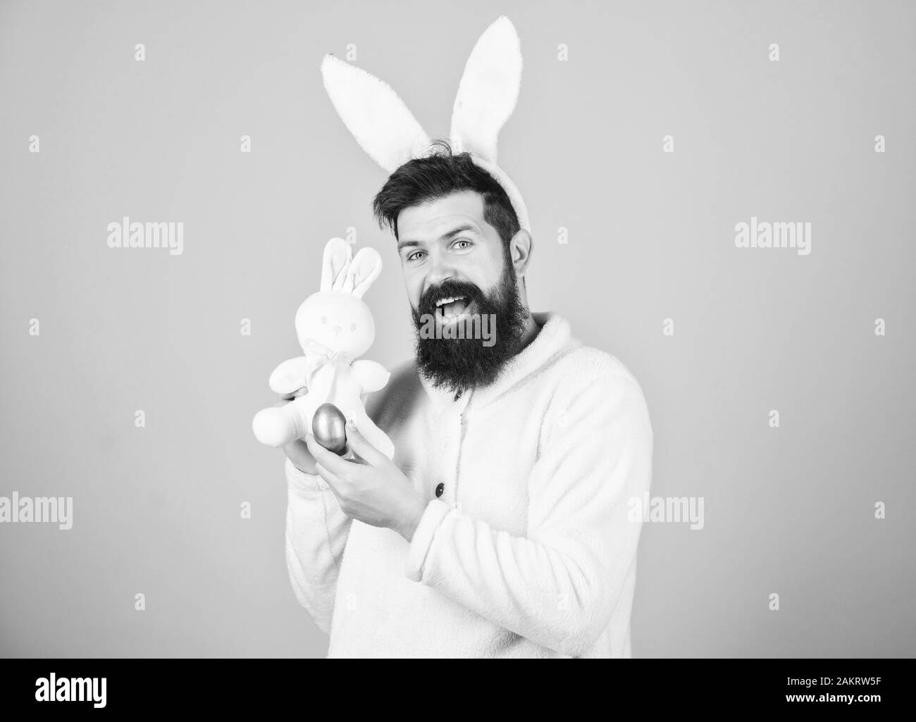 Easter rabbit. Man wearing rabbit suit play with toy. Funny bunny man ...