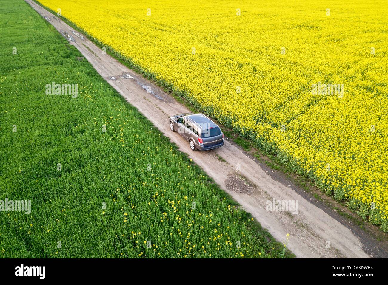 Aerial view of car driving by straight ground road through green fields ...