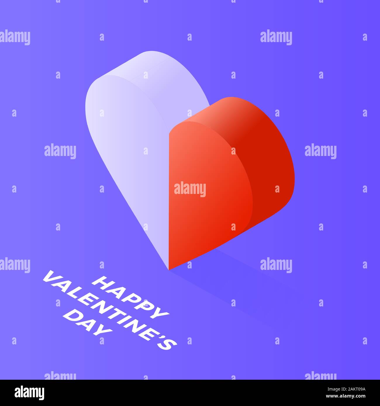 Happy Valentine Day Isometric heart made of two halves, white and red ...