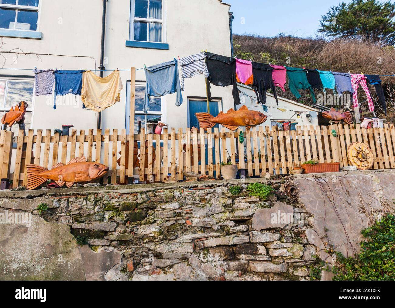 Washing on the line at a house at Staithes, North Yorkshire, United ...