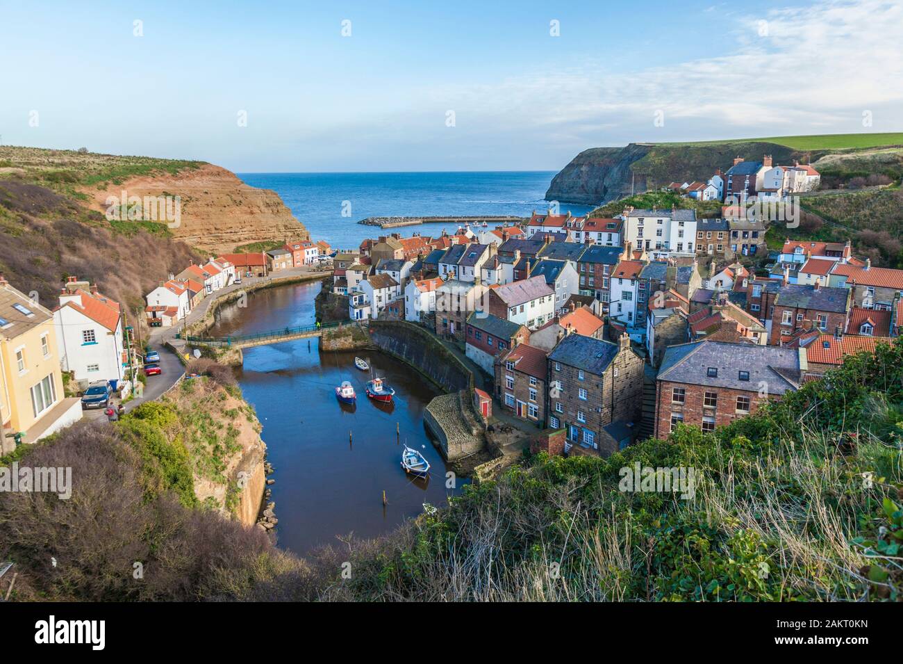 An elevated view of the village of Staithes,North Yorkshire,England,UK ...