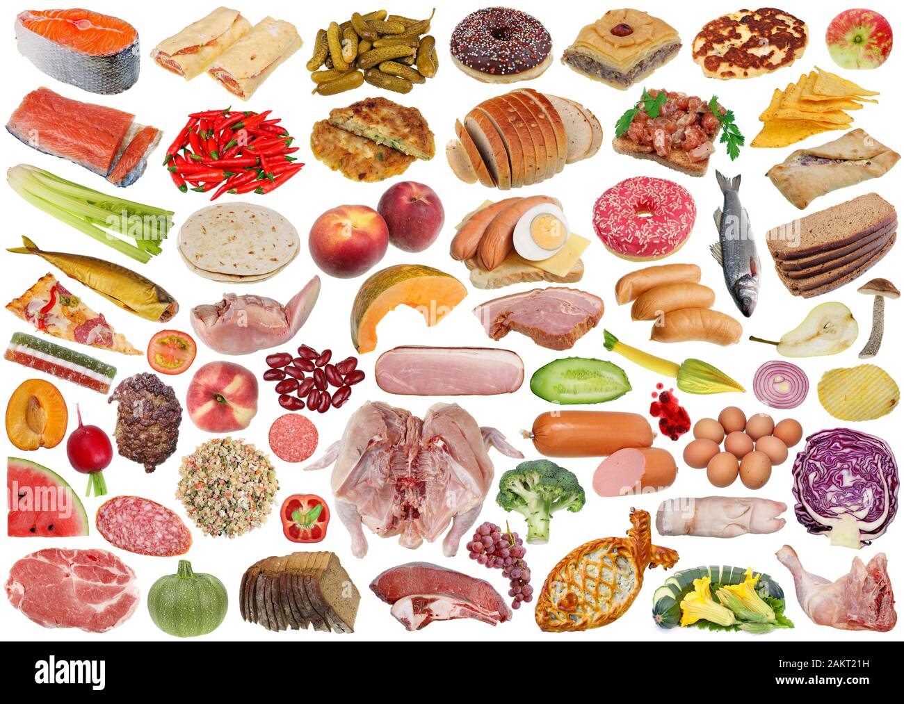 A lot of different food- vegetables fruits meat pastries. Isolated on ...