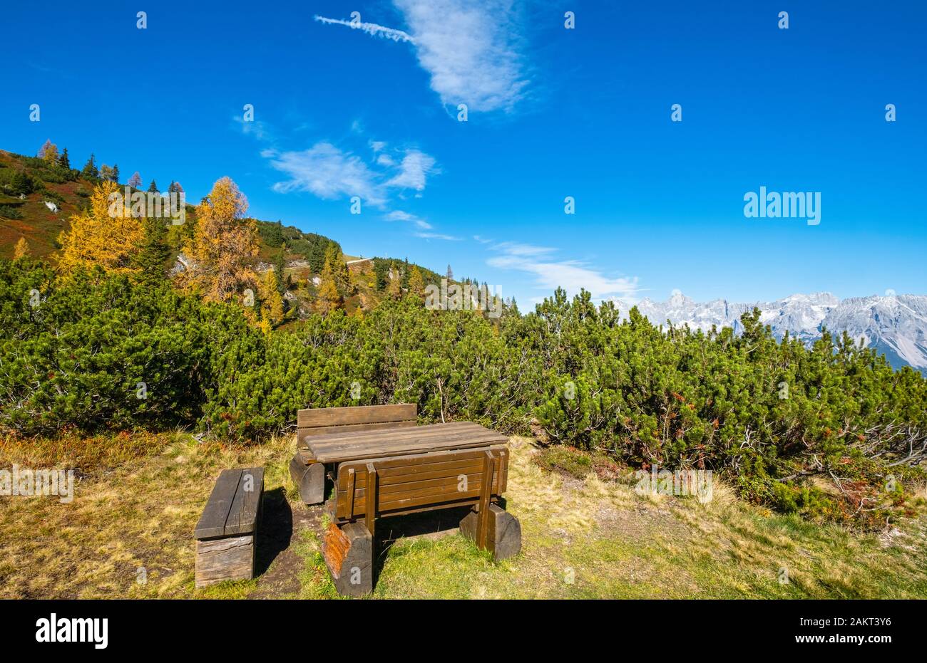 Peaceful sunny day autumn Alps mountain view and resting place ...
