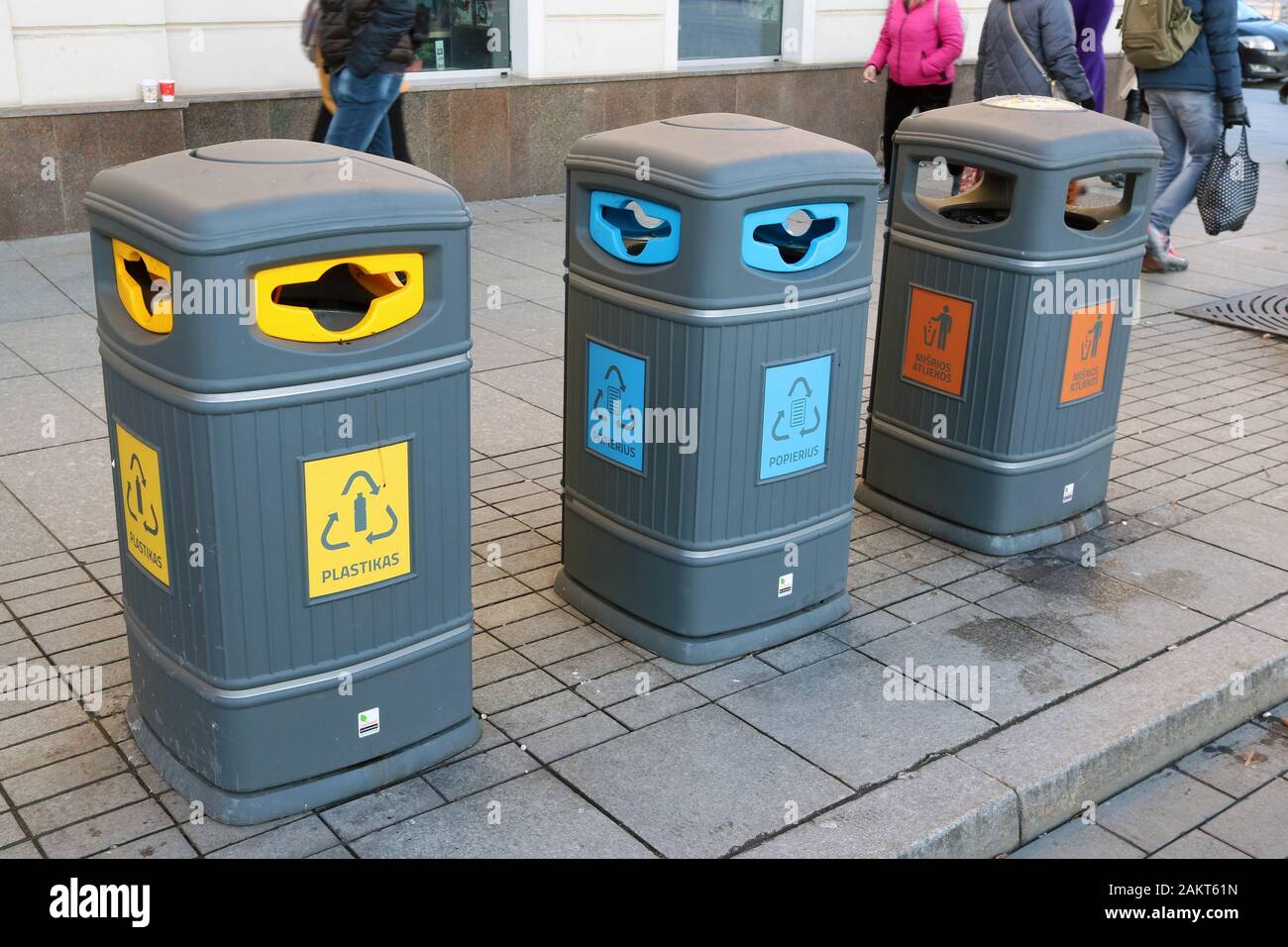 VILNIUS, LITHUANIA - DECEMBER 29, 2019: Compact new garbage cans with ...