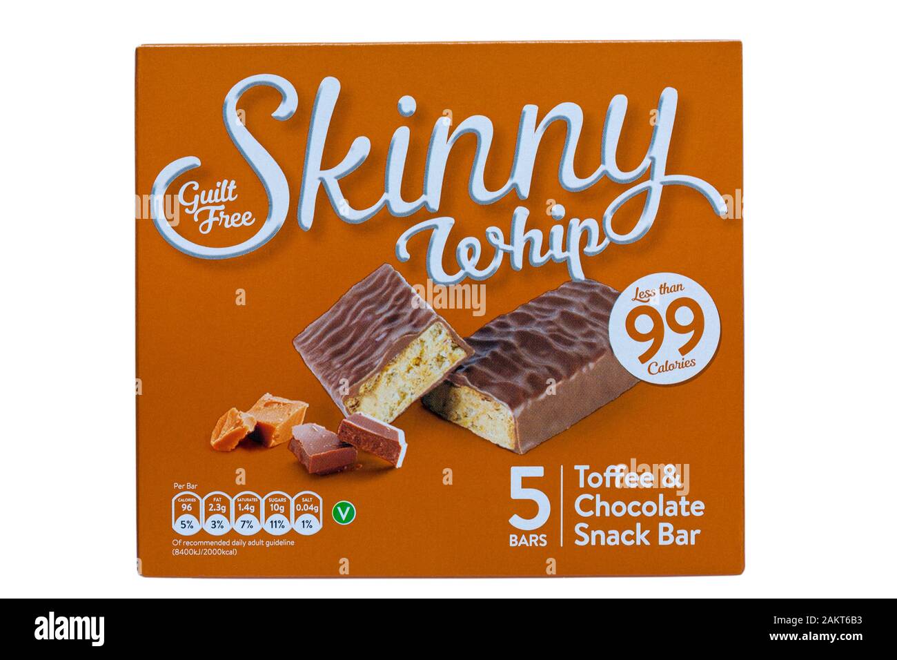 Box of guilt free Skinny Whip Toffee & Chocolate Snack Bar isolated on white background - less ...