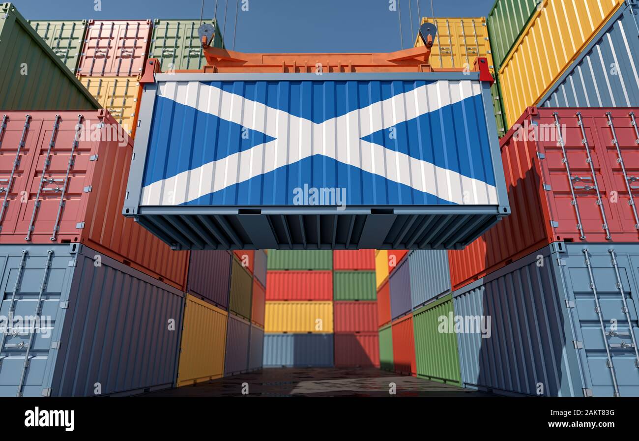Container Terminal - Shipping Container with Scotland flag. 3D ...