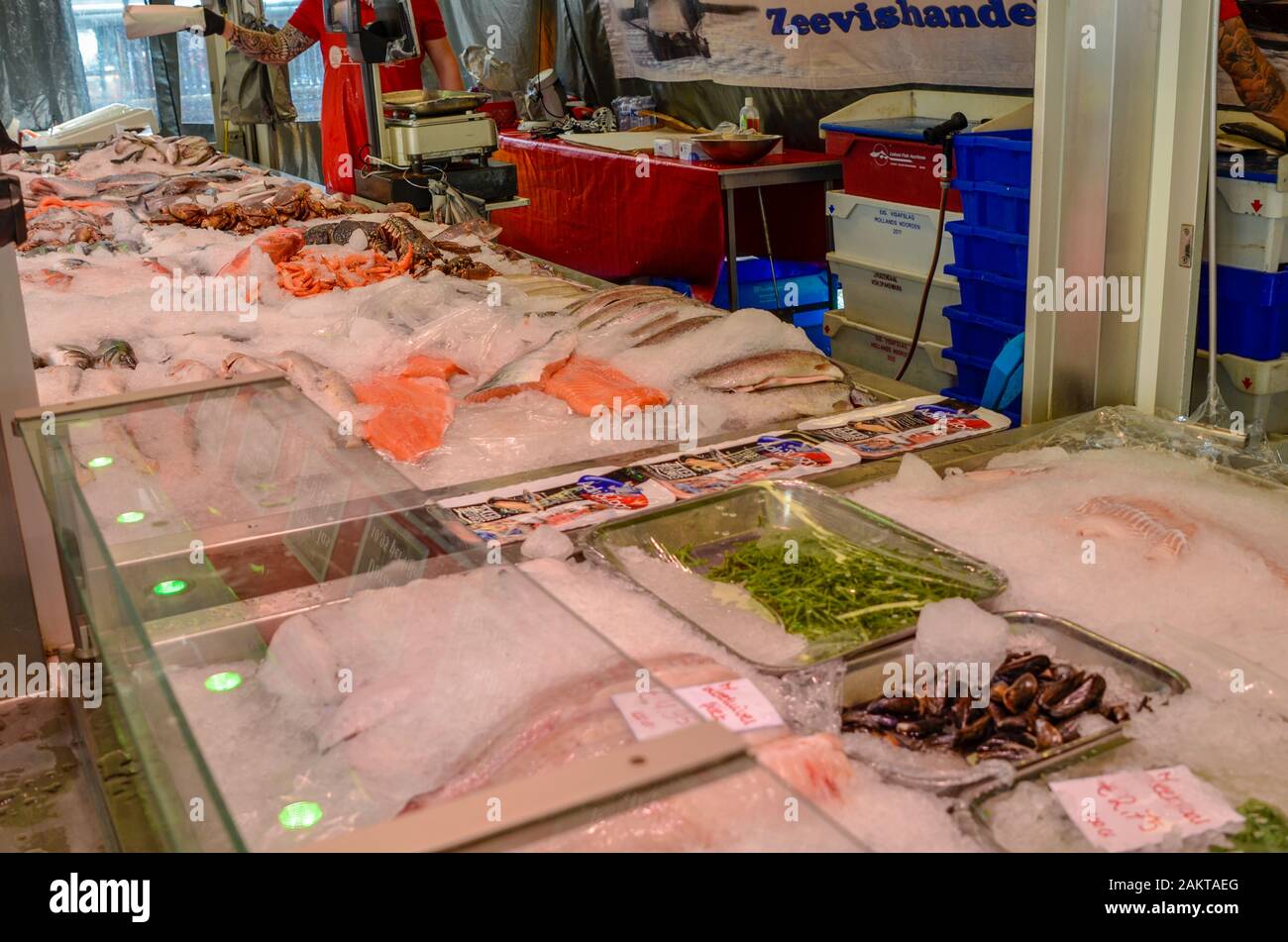 Amsterdam, Holland, August 2019.Bench of fish at a local market Stock ...