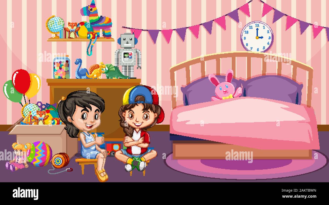 Scene with two girls playing in bedroom illustration Stock Vector Image ...