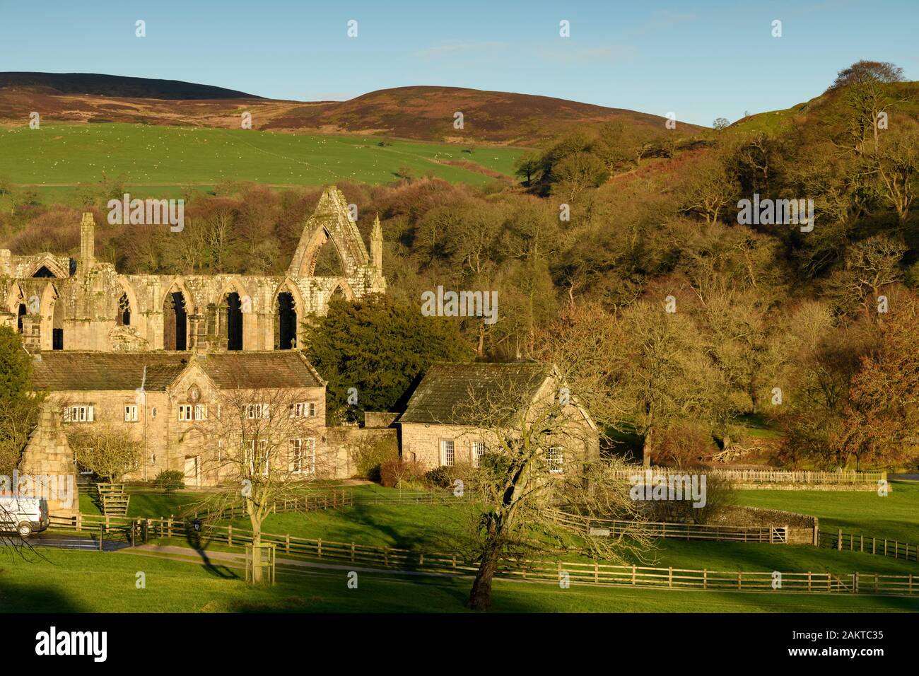 Scenic rural view of ancient, picturesque monastic priory ruins ...
