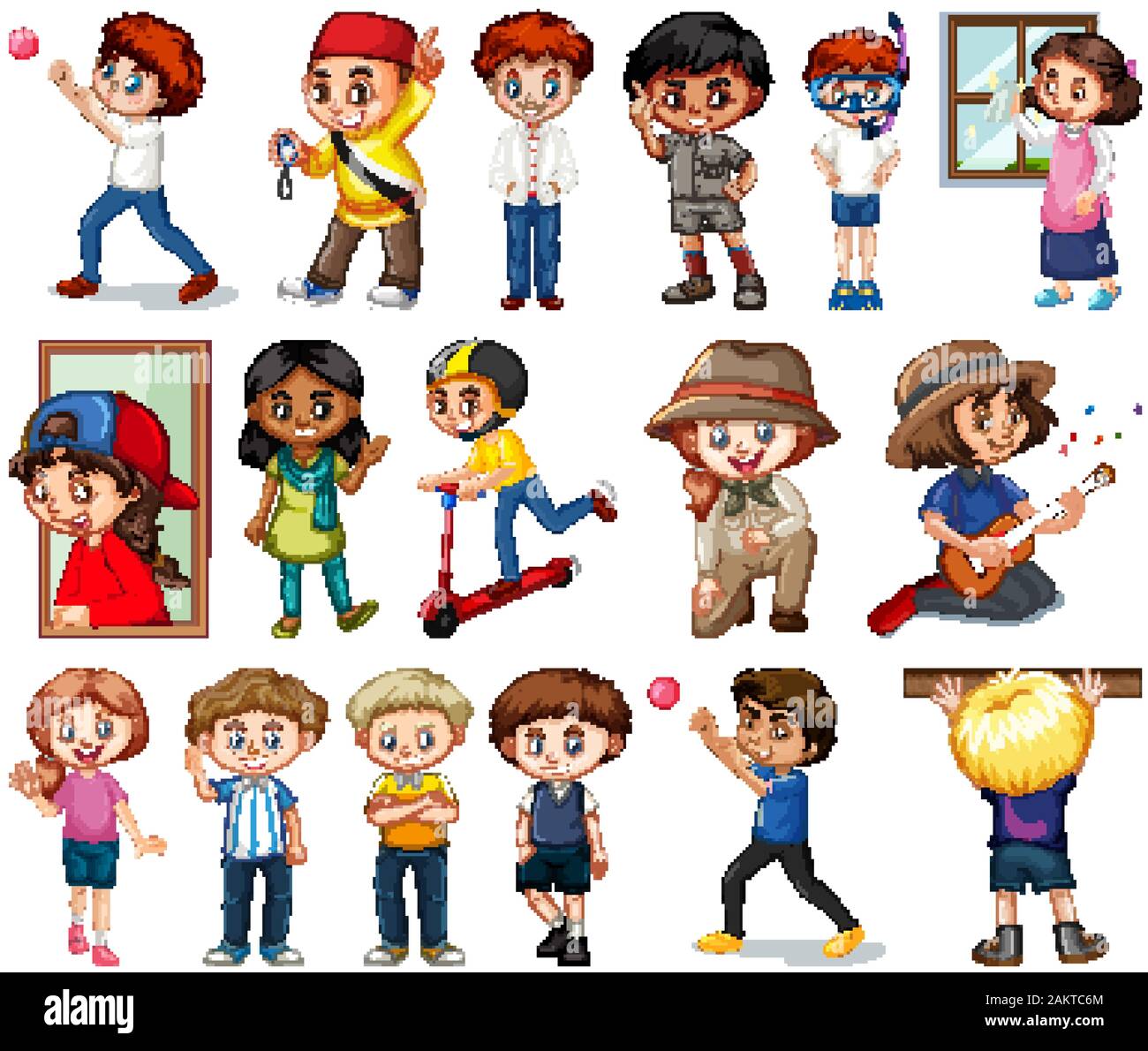Large set of boys and girls doing different activity on white ...