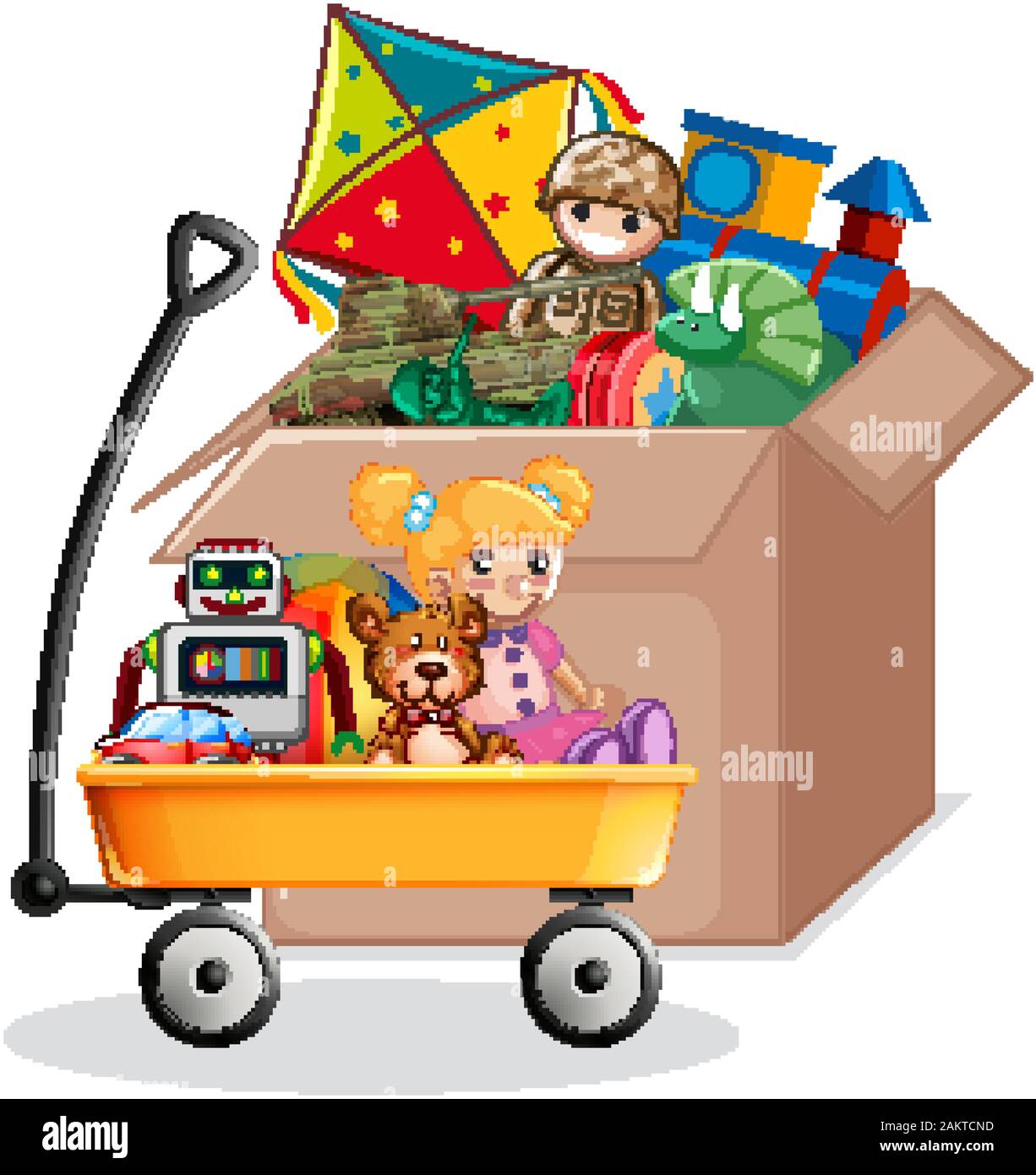 Cardboard box full of toys on white background illustration Stock ...