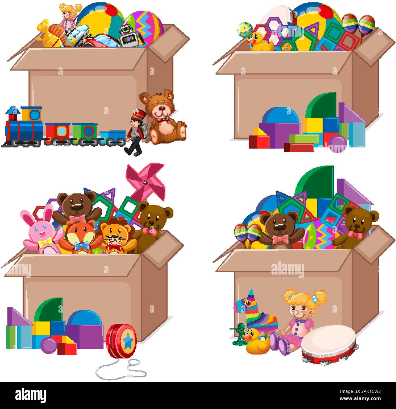 Set of boxes full of toys on white background illustration Stock Vector ...