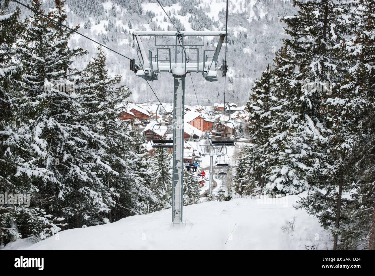 Chairlift intermediate tower at Meribel ski resort, France Stock Photo ...