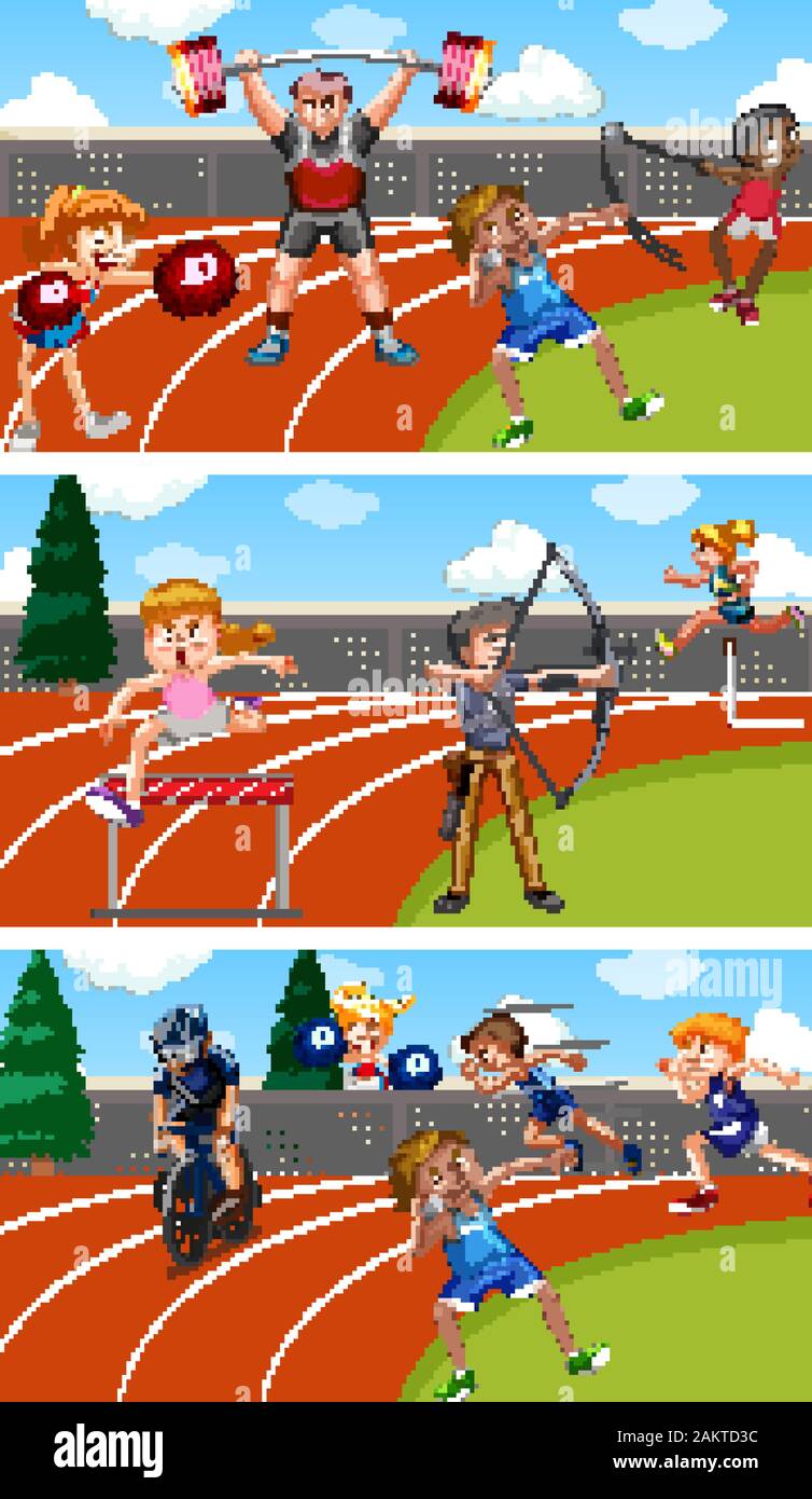 Background scene with athletes doing track and field events ...