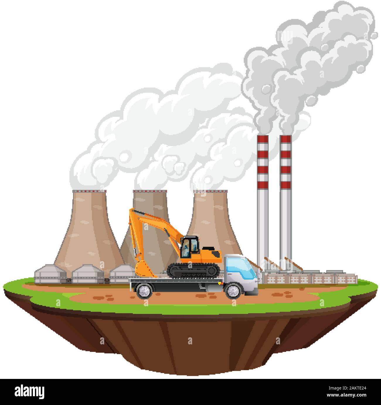 Scene with factory buildings and excavator on the site illustration ...