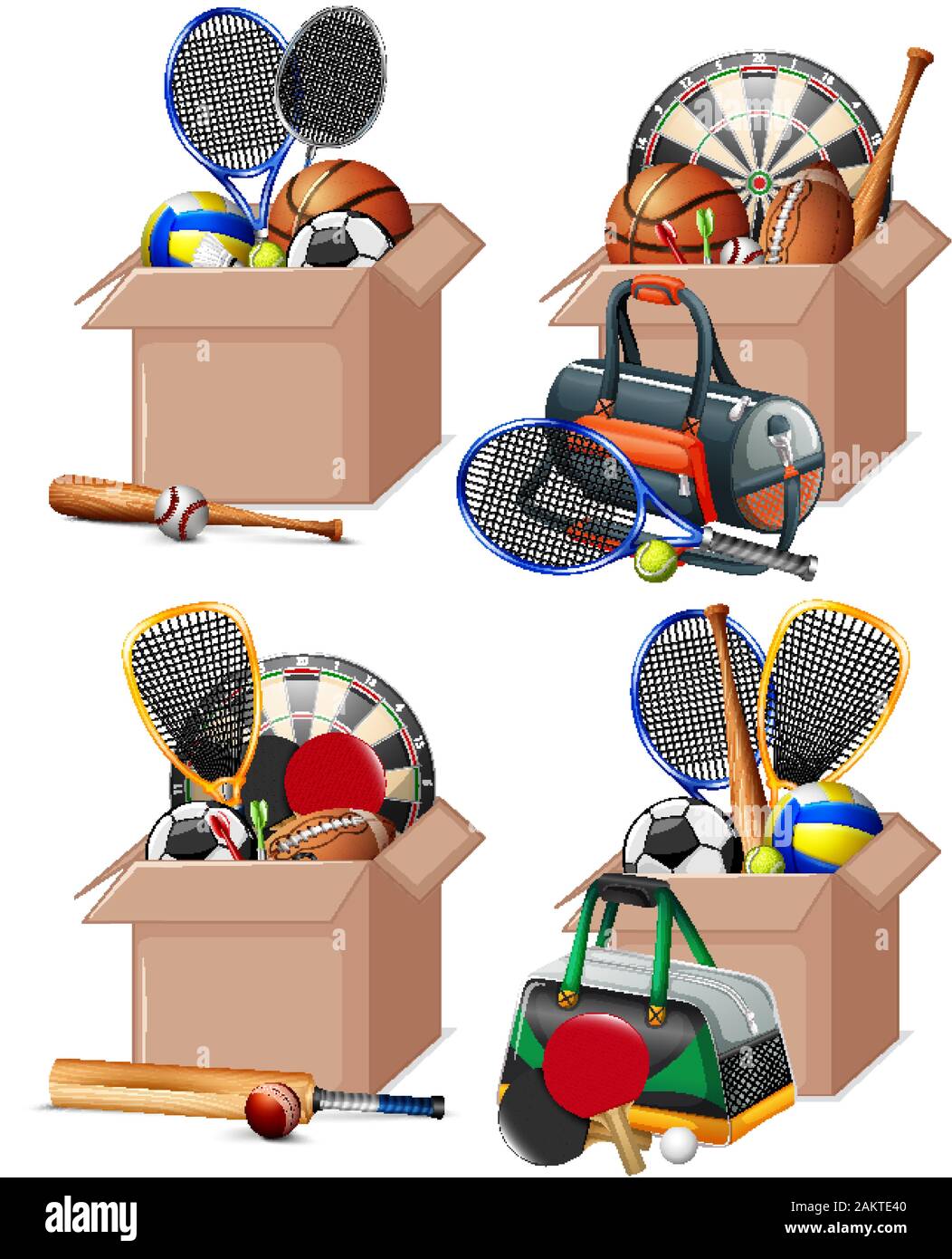 Set of boxes full of sport equipments on white background illustration ...