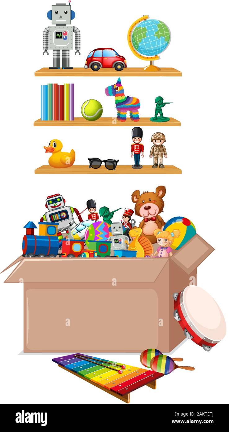 Shelf and box full of toys on white background illustration Stock ...