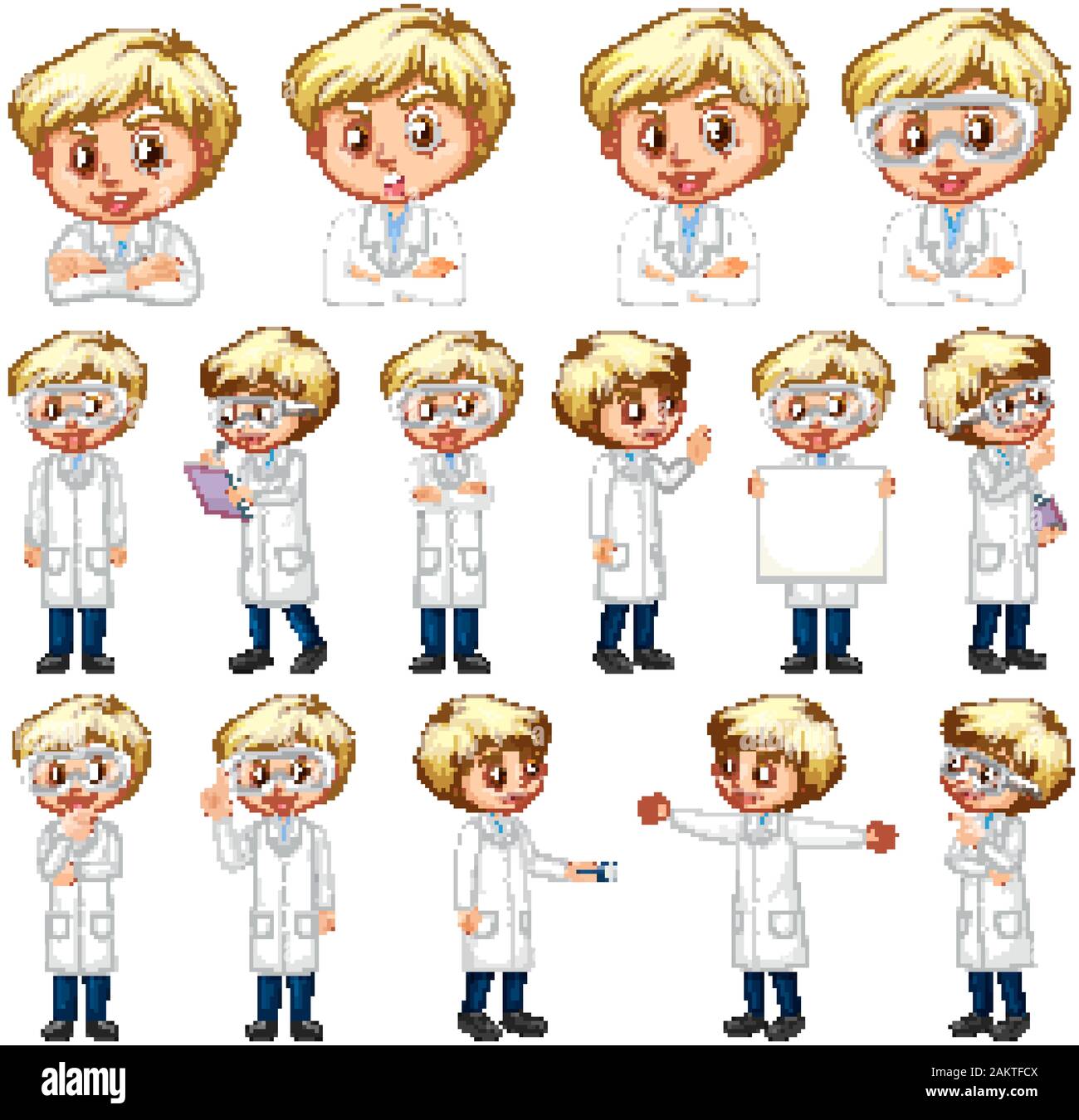 Boy in lab gown in different poses on white background illustration ...