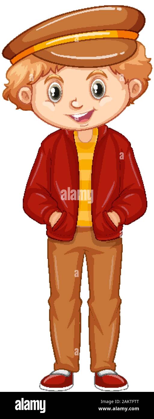 Boy wearing hat and red jacket on white background illustration Stock ...
