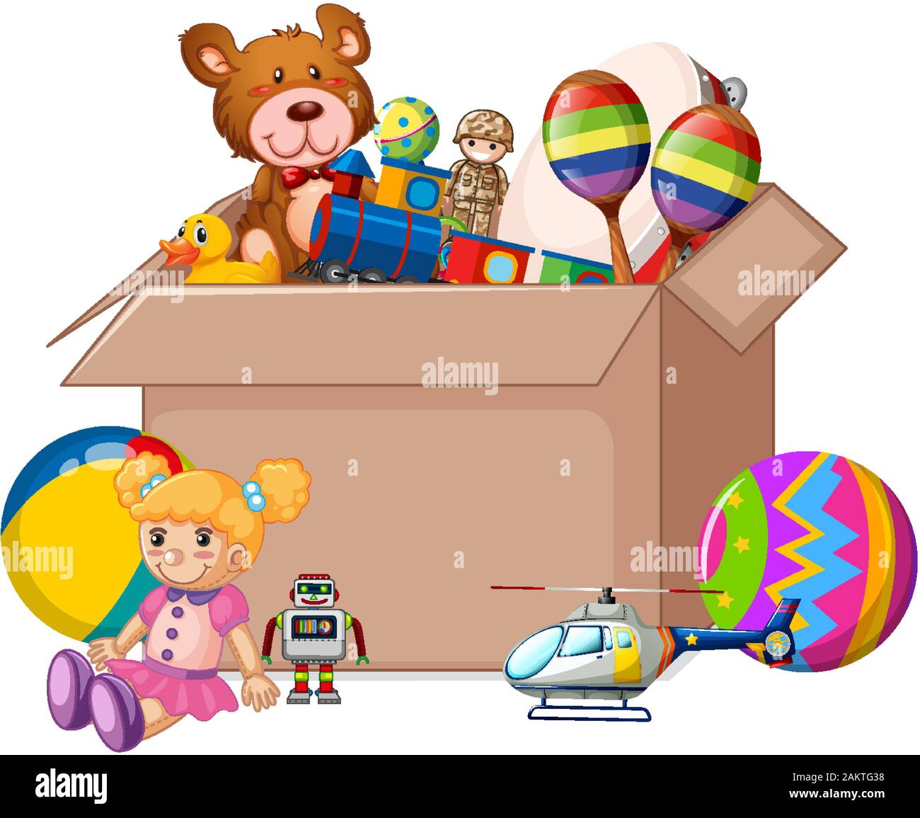 Cardboard box full of toys on white background illustration Stock ...