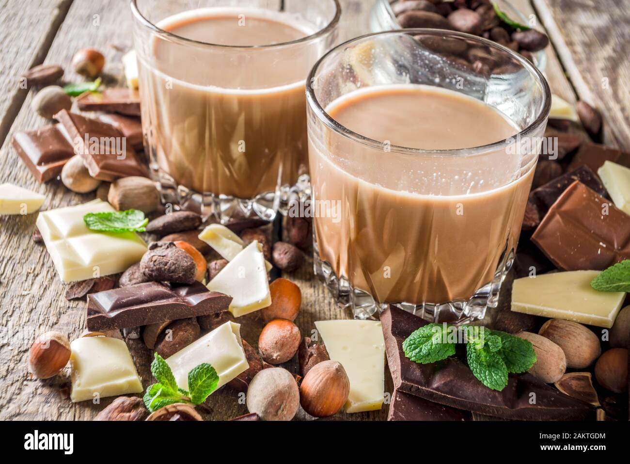 Sweet and strong alcohol drink. Chocolate liqueur with milk and dark ...