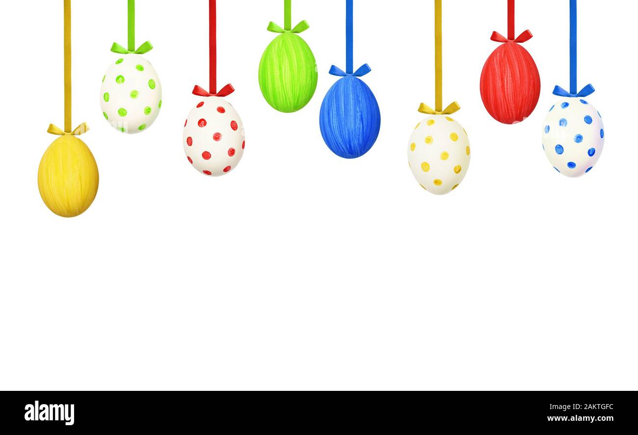 Colorful easter eggs hanging on silk ribbons with bows isolated on ...