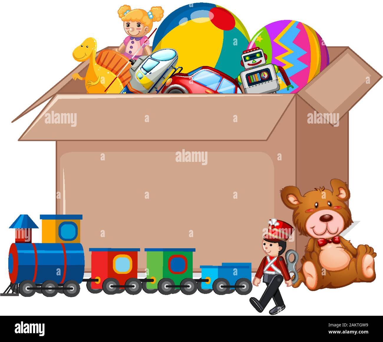 Cardboard box full of toys on white background illustration Stock ...
