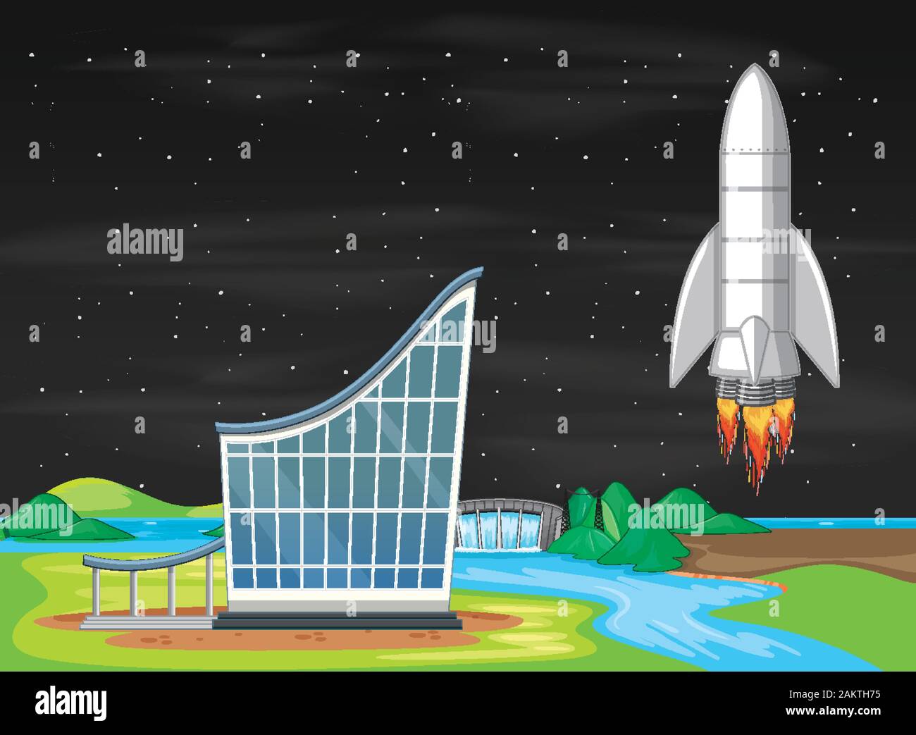 Scene with spaceship flying in the sky illustration Stock Vector Image ...