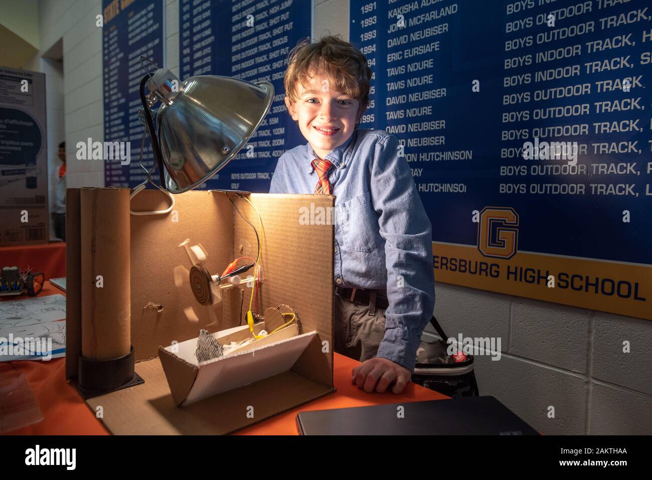 A young boy smiles with his science project, Gaithersburg, Maryland ...