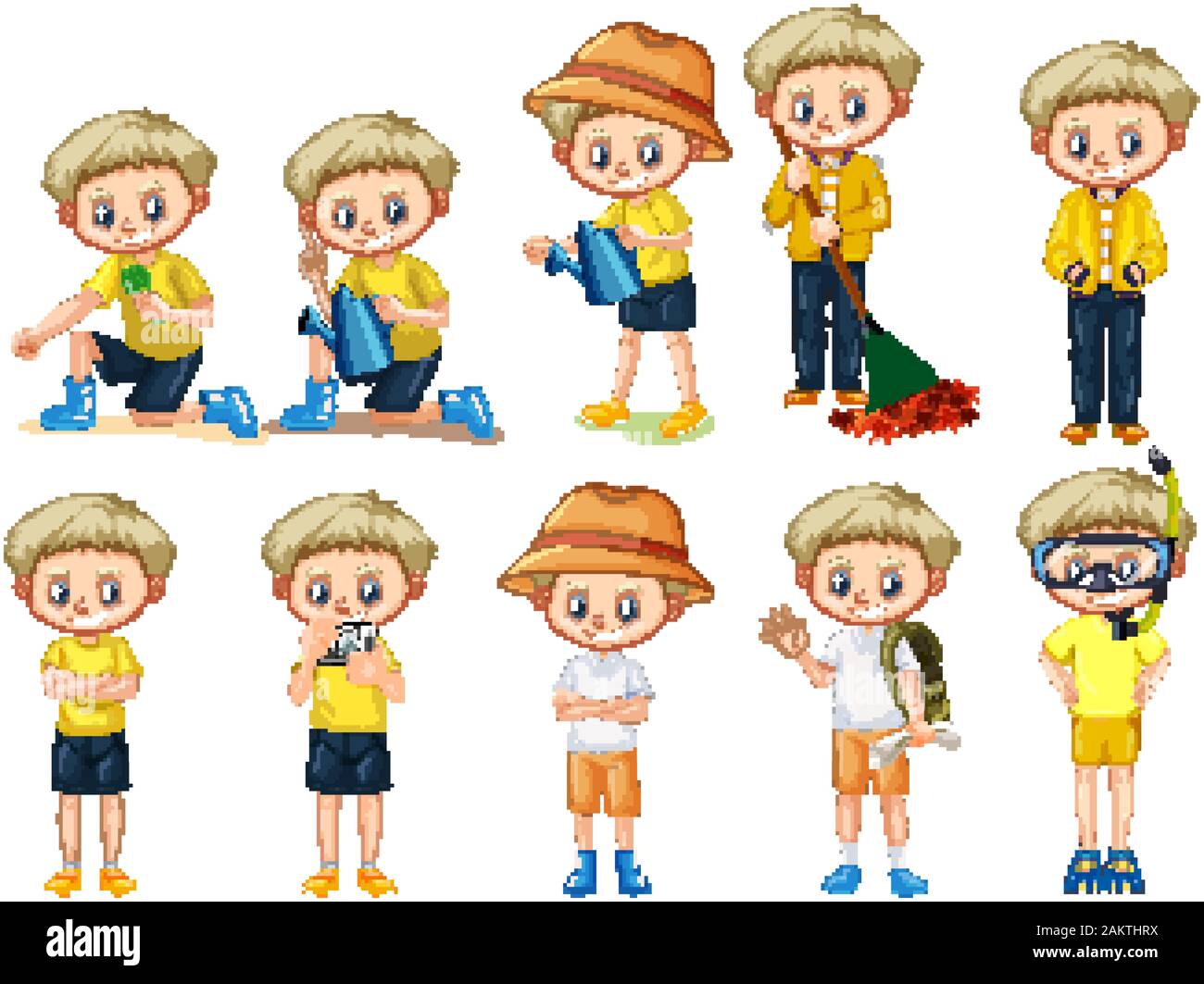 Set of cute boy doing different activities on white background ...