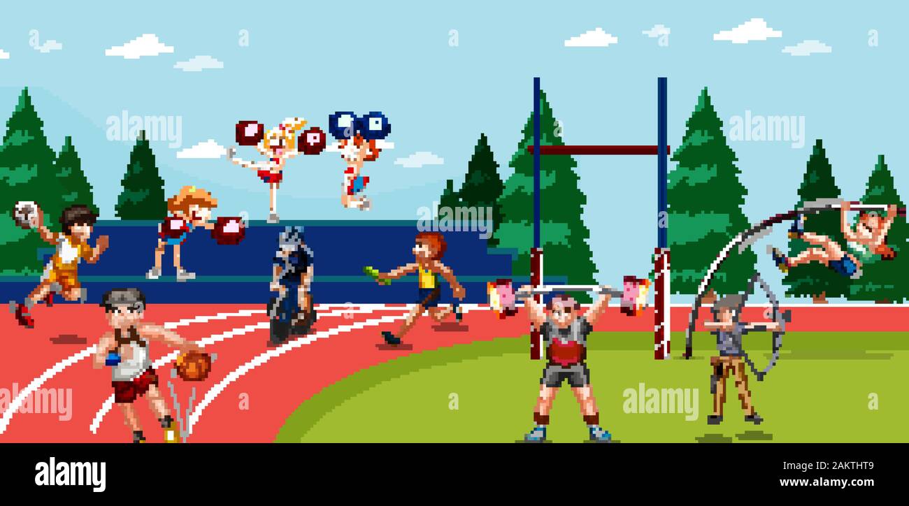 Background scene with athletes doing track and field events ...