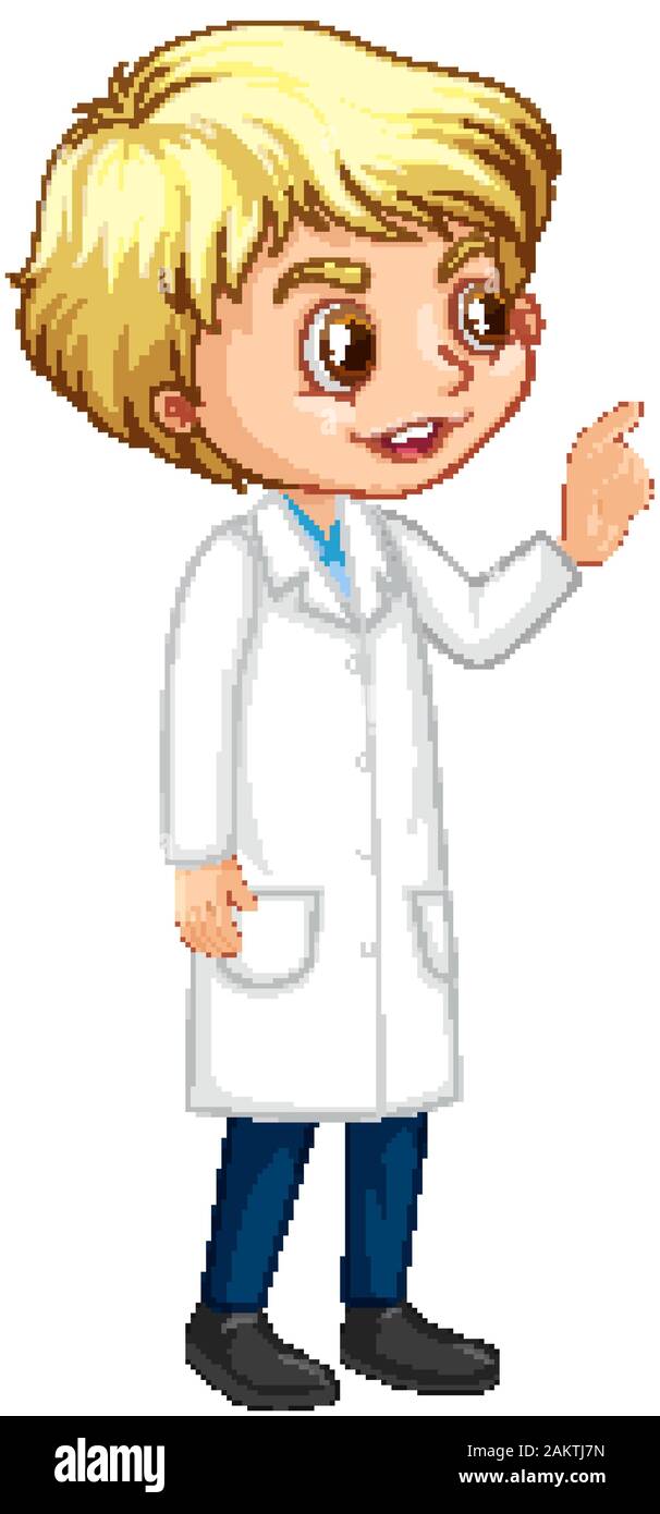 Happy boy in science gown standing on white background illustration ...